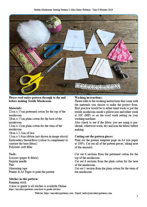 Textile Mushroom Sewing Pattern pdf download - Miss Daisy Patterns